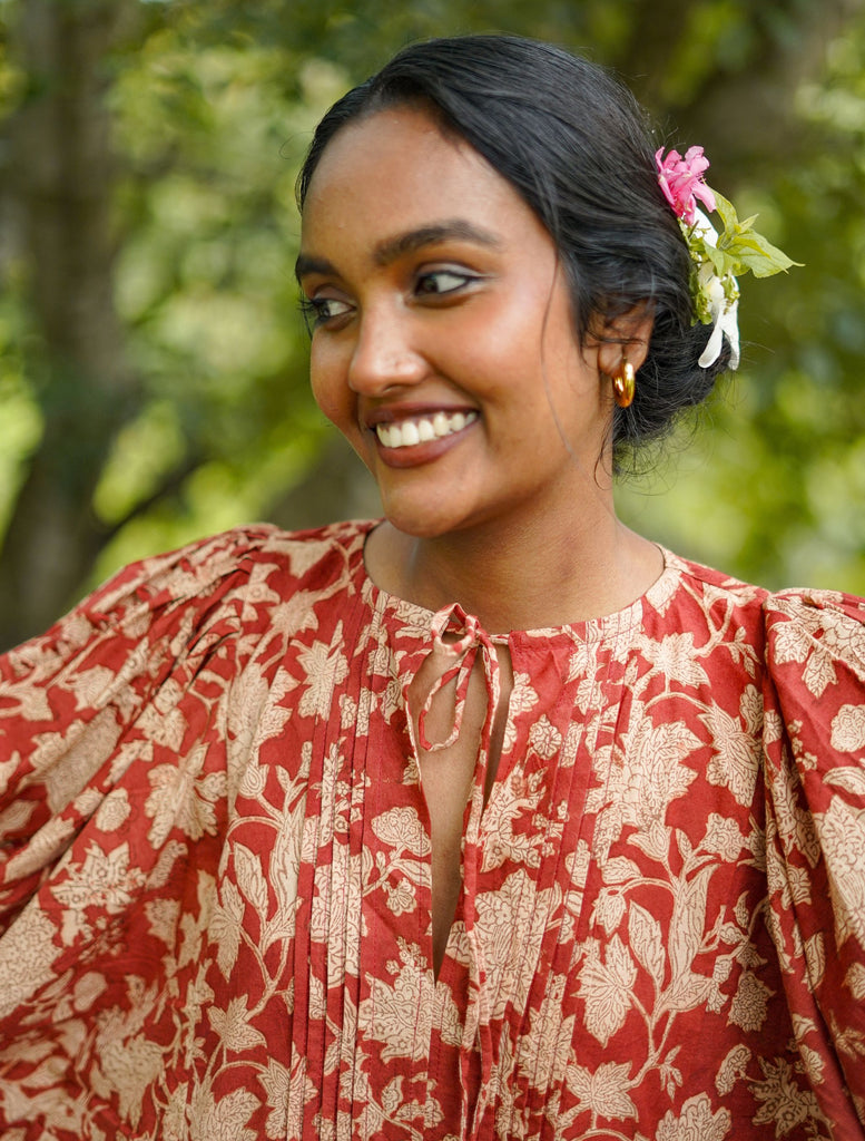 'Bloom Awakening' Hand-blockprinted Kalamkari Boho Dress (Red)– Masala Chai