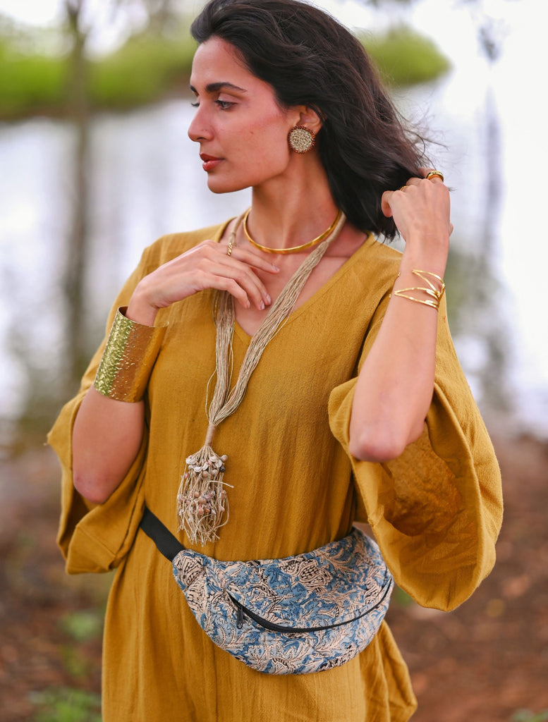 'Kriti' Hand-blockprinted Kalamkari Pure Cotton Fanny Pack– Masala Chai