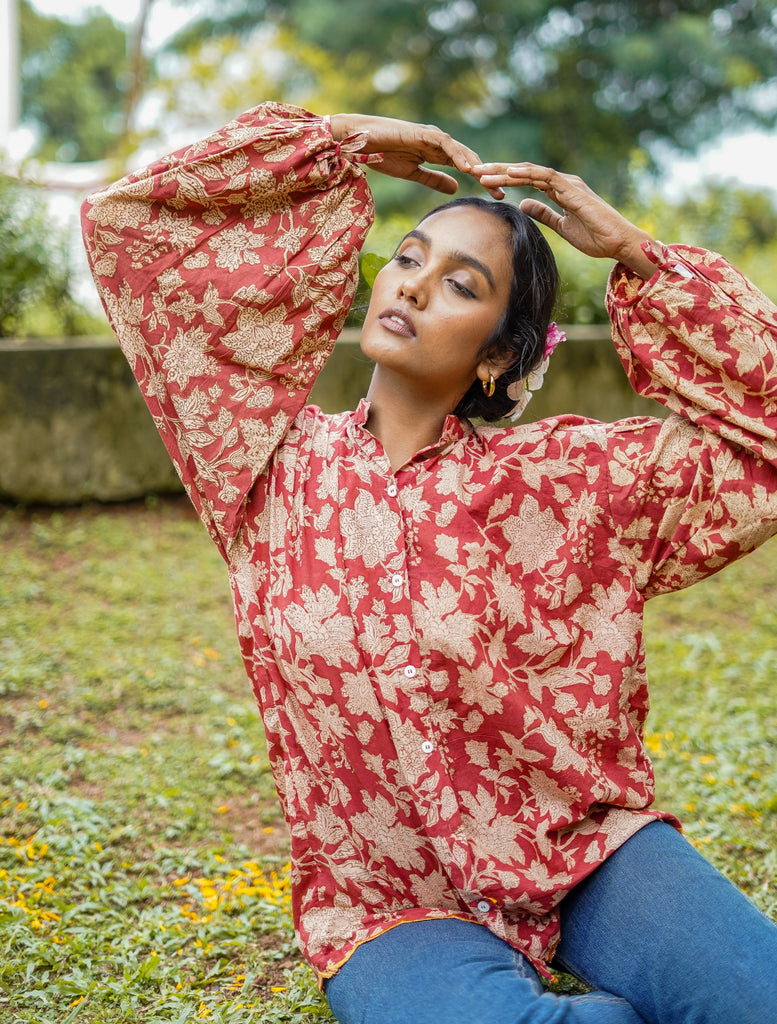 'Malti' Hand-blockprinted Kalamkari Boho Top (Red)– Masala Chai